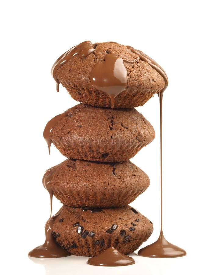 Chocolate Muffin Stack with Liquid Chocolate on White Background ...