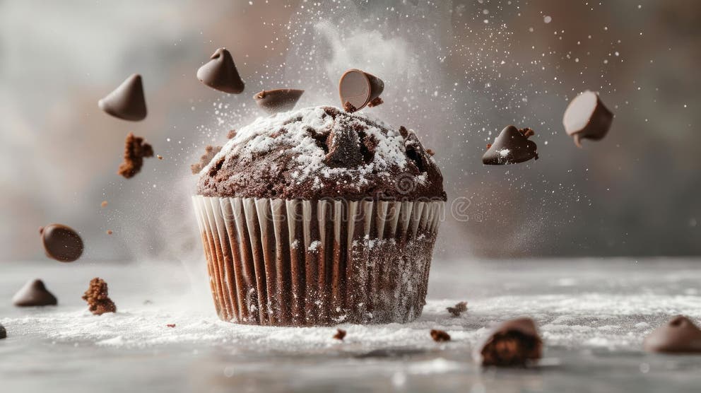 Delicious Chocolate Muffin with Flying Chocolate Chips and Powdered ...