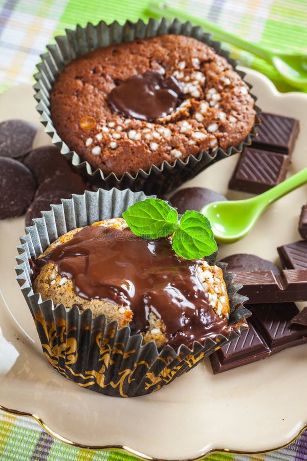 Chocolate Muffins and Green Spoon Stock Image - Image of muffins ...