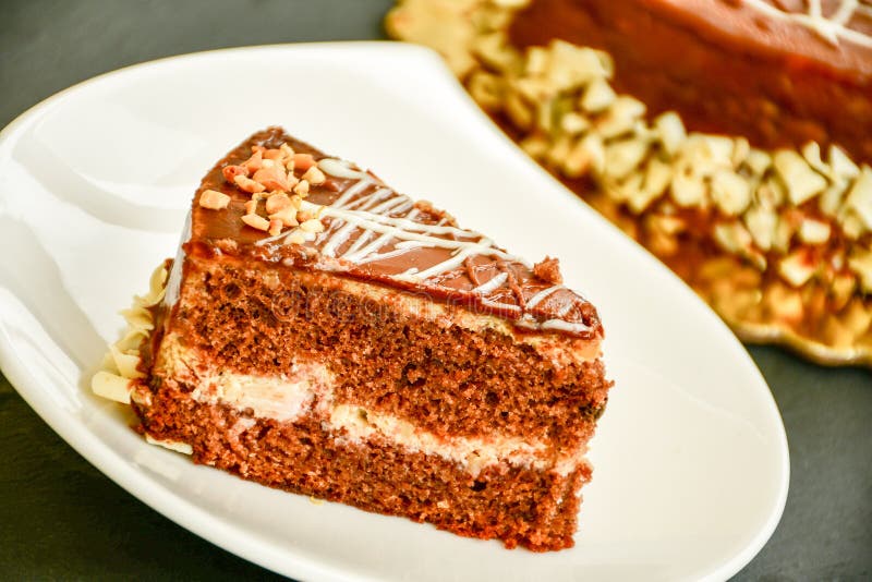 Chocolate and nuts cake stock photo. Image of decorated - 111736154