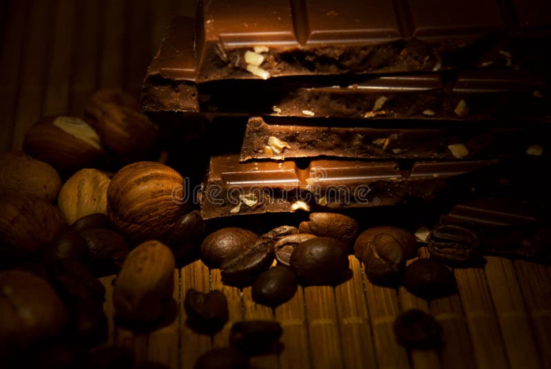 Chocolate, nuts and coffee stock image. Image of breakfast - 8603375