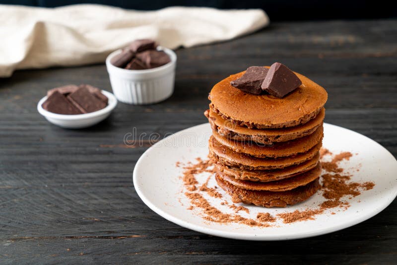Chocolate Pancake Stack on Plate Stock Image - Image of cocoa, bakery ...