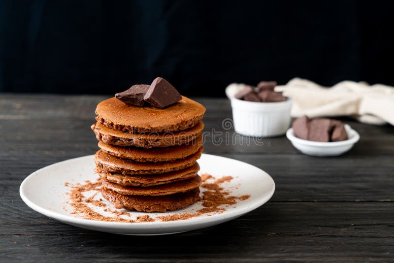Chocolate Pancake Stack on Plate Stock Photo - Image of honey, heap ...