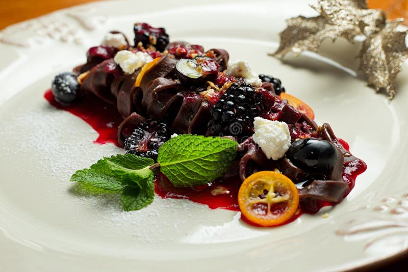 Chocolate Pasta with Raspberry Sauce, Whipped Stock Photo - Image of ...
