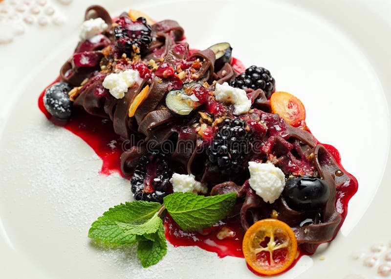Chocolate Pasta with Raspberry Sauce, Whipped Stock Photo - Image of ...