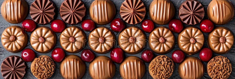 Chocolate Patterns with Cherries, Hight Resolution, --chaos 70 --ar 3:1 --style Raw --stylize ...