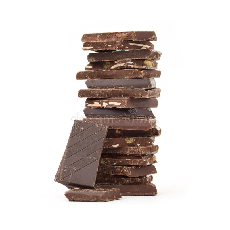 Dark Chocolate Pieces in Stack Isolated on White Stock Photo - Image of ...