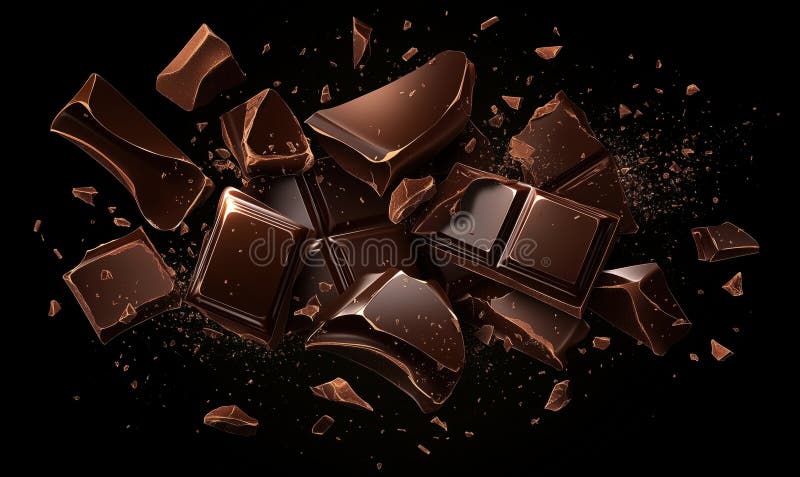 Chocolate Pieces Exploding in Mid-air, Showcasing Rich Dark Texture and ...