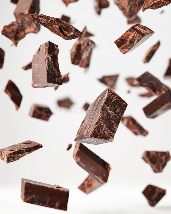 Chocolate Pieces are Falling through the Air on a White Background ...
