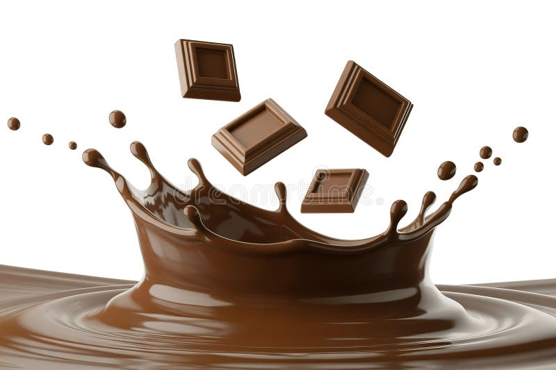 Chocolate Pieces Falling Make Splash into Swirling Liquid Pool of Cocoa ...
