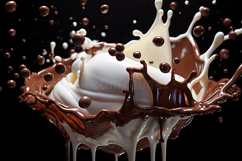 Chocolate Pieces Falling on Chocolate Sauce and Milk Cream Splash ...