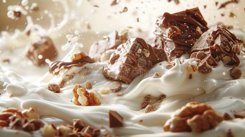 Chocolate Pieces and Nuts in Milk Splash Stock Image - Image of ...