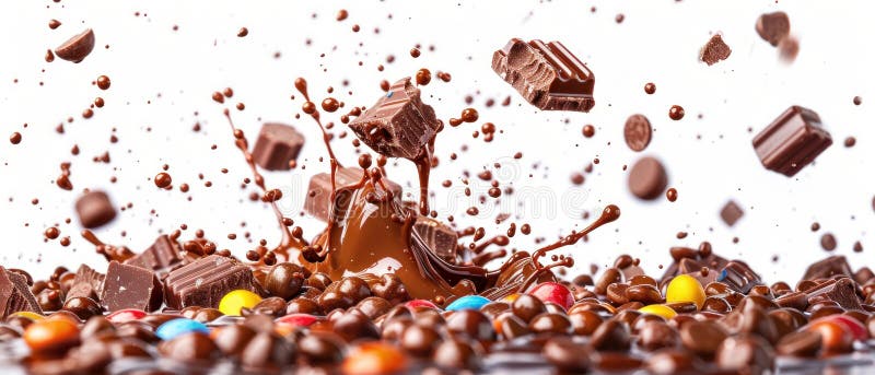 Chocolate Pieces Splash into a Pool of Melted Chocolate Stock Photo ...