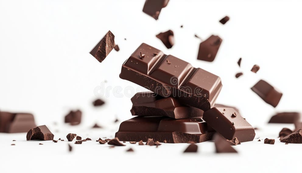 Chocolate Pieces Stack Falling on White Close Up View Stock Photo ...