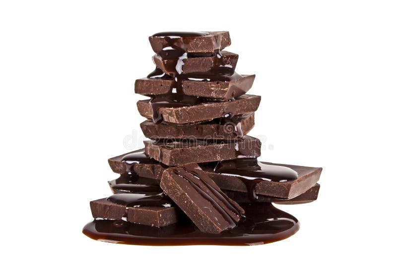 Chocolate Pieces Stack and Chocolate Syrup on White Background, Close ...