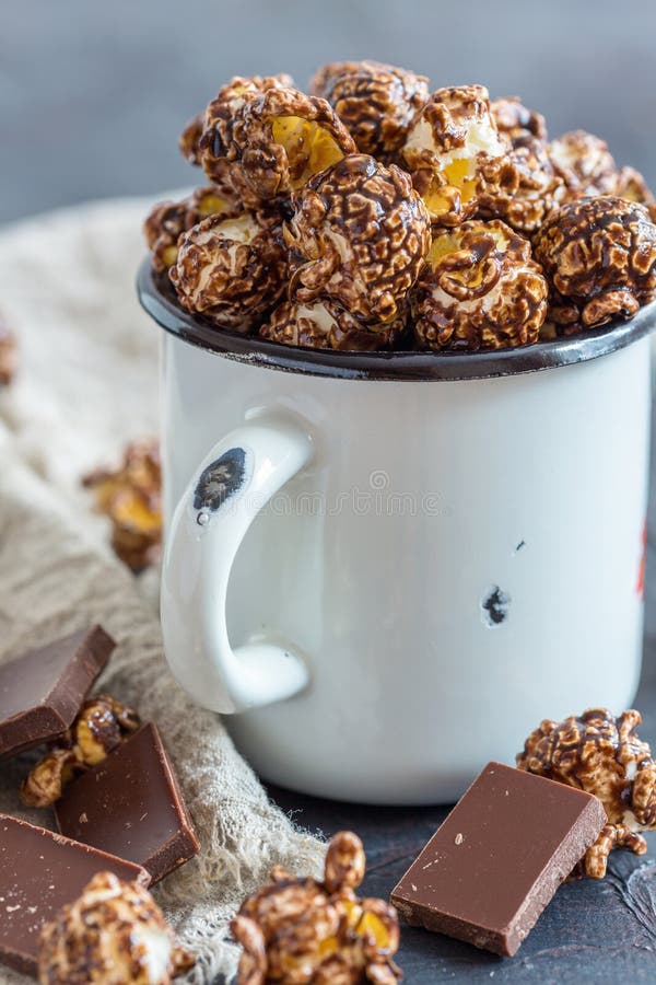Chocolate Popcorn in an Enamel Cup. Stock Image - Image of sweet, white ...