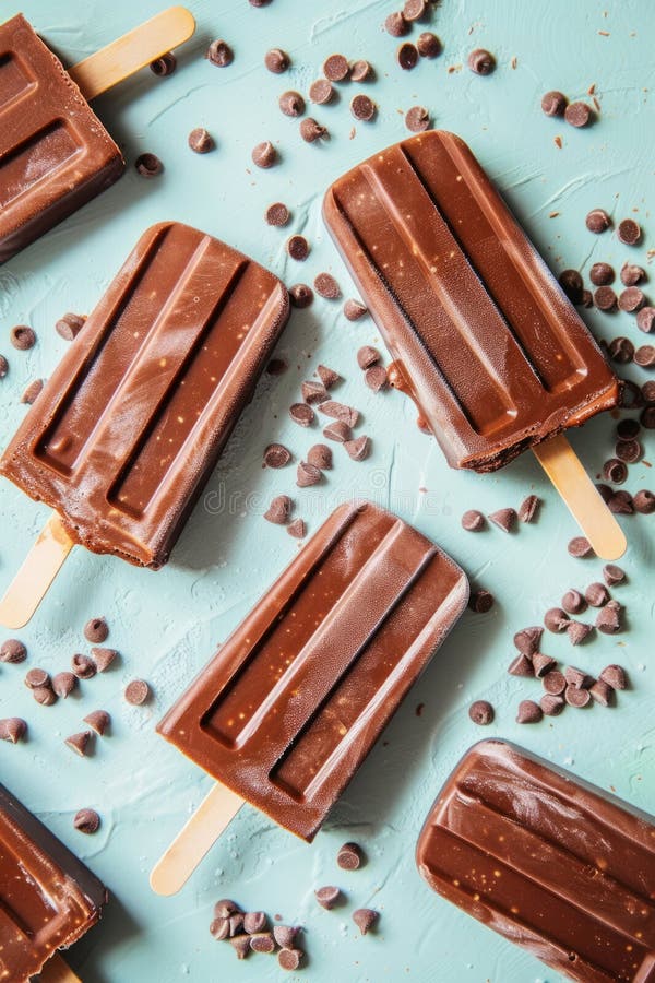 Chocolate Popsicles with Chocolate Chips Overhead on Light Blue Table ...