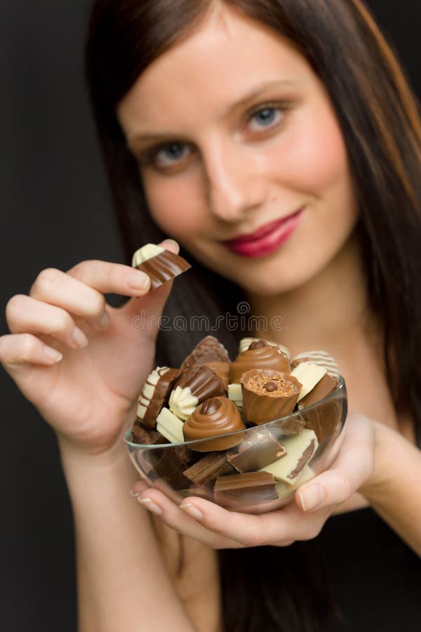 Chocolate - Portrait Young Woman Enjoy Candy Stock Photo - Image of ...