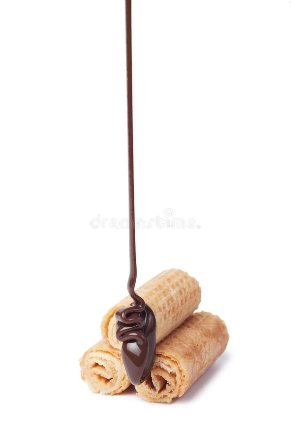 Chocolate Pouring Onto Waffle Roll Isolated Stock Photo - Image of ...