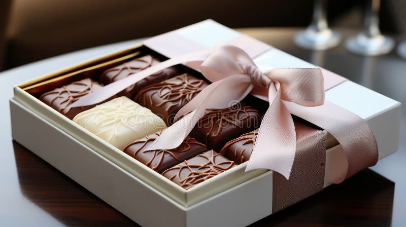 Chocolate Pralines in a Gift Box with a Satin Ribbon. AI Generation ...