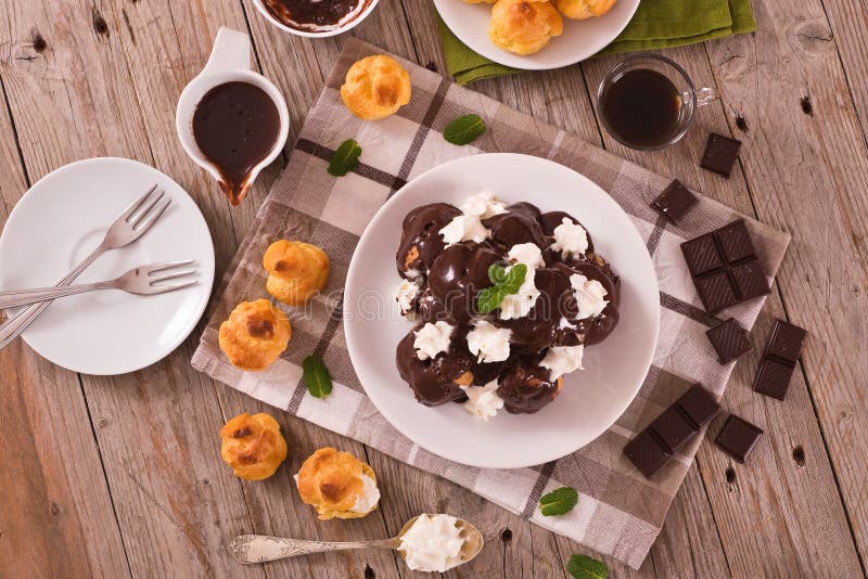 Chocolate profiterole. stock image. Image of dish, cream - 136328641