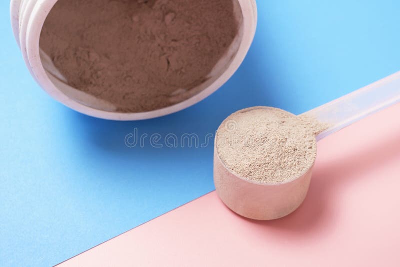 Chocolate Protein Powder Scoop Plastic Jar Blue Background Stock Photos ...