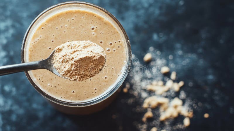 Chocolate Protein Shake with Powder and Spoon on Dark Background Stock ...