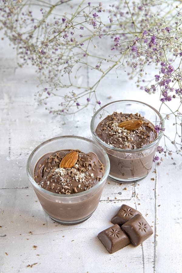 Chocolate Pudding with Almonds on a Light Background Stock Image ...