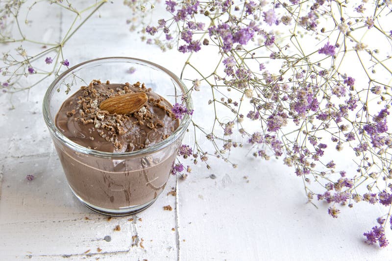 Chocolate Pudding with Almonds on a Light Background Stock Image ...