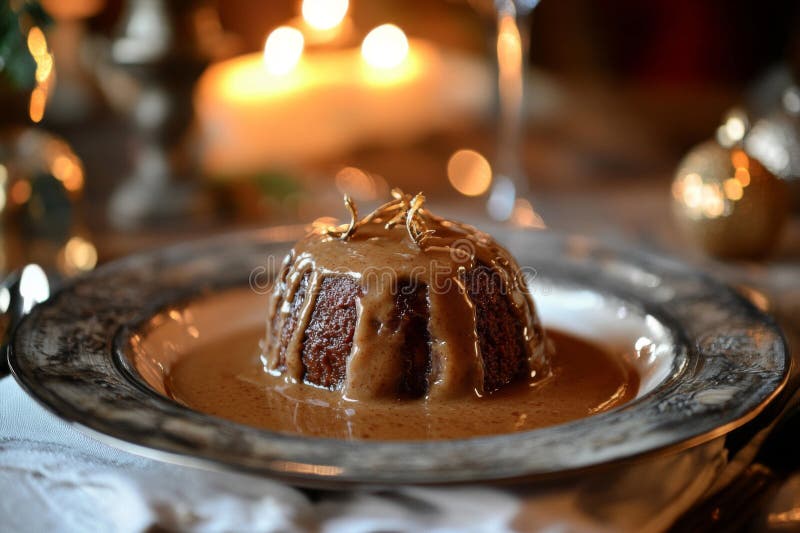 Chocolate Pudding with Caramel Sauce and Gold Flakes Stock Illustration ...