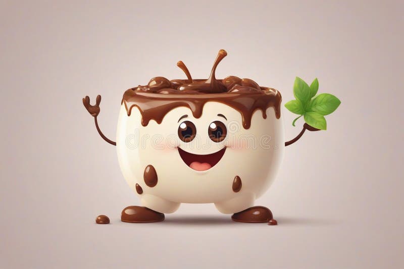 Chocolate Pudding Character with a Green Leaf Stock Illustration ...
