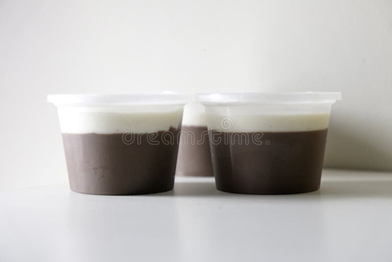 Chocolate Pudding Dessert with Vanilla Fla in a Plastic Cup Stock Photo ...