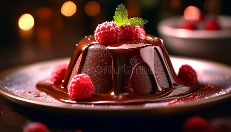Chocolate Pudding with Raspberries_ Stock Illustration - Illustration ...