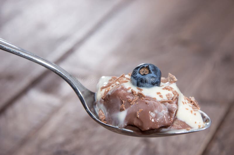 Chocolate Pudding with Sauce on a Spoon Stock Image - Image of cream ...
