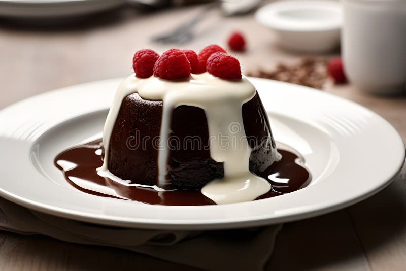 Dark Chocolate Pudding with Vanilla Sauce and Raspberry Fruits Stock ...