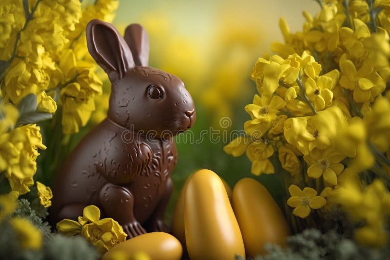 Chocolate Rabbit Bunny in Yellow Spring Flowers. Illustration ...
