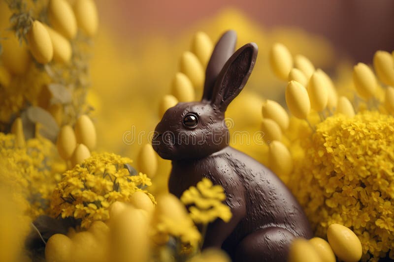 Chocolate Rabbit Bunny in Yellow Spring Flowers. Illustration ...