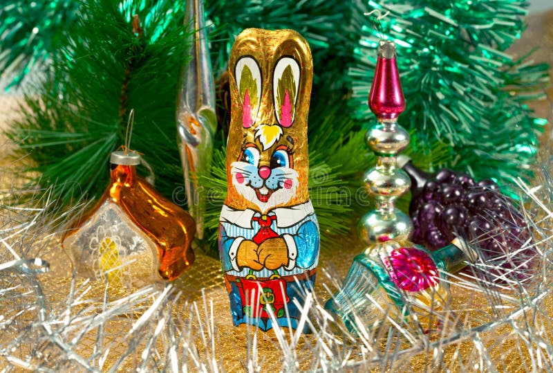 Chocolate Rabbit and Christmas Decorations Stock Image - Image of decor ...