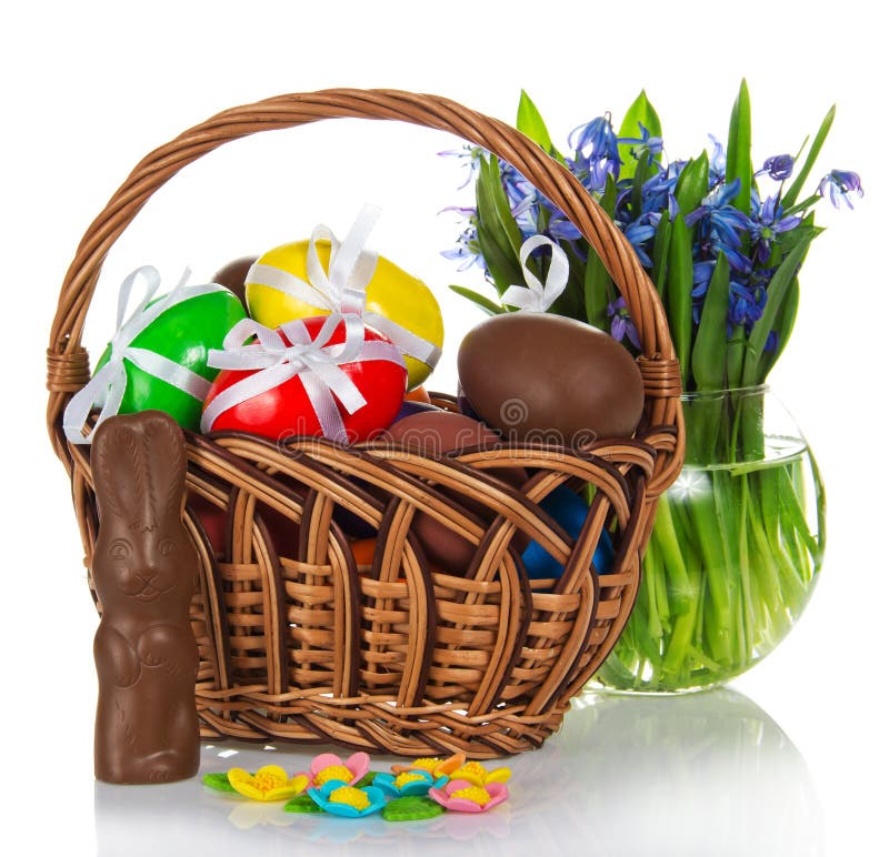 Chocolate Rabbit, Eggs in Basket and Flowers Stock Image - Image of ...