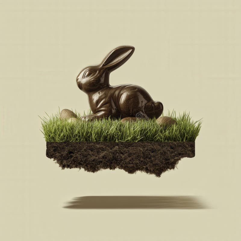 Chocolate Rabbit on Grass with Eggs in a Creative Floating Display ...