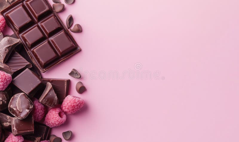 Chocolate and Raspberries Arrangement on Pink Background with Various ...
