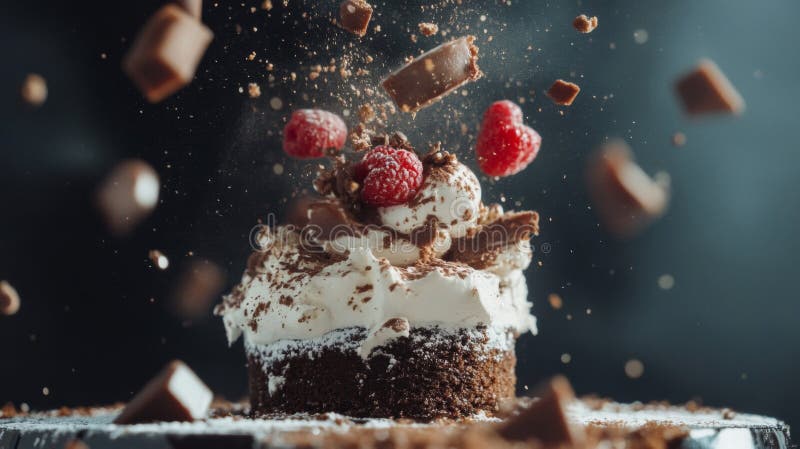 Chocolate Raspberry Cake Explosion with Whipped Cream Stock ...