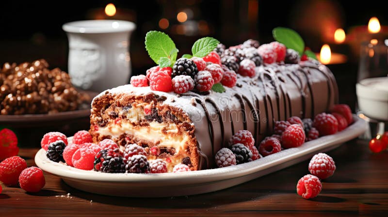 Chocolate and Raspberry Log Cake.Generative AI Stock Illustration ...
