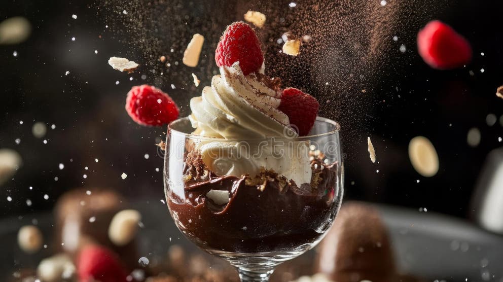 Chocolate Raspberry Sundae with Whipped Cream and Almonds Stock ...