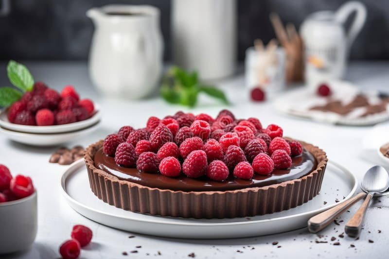 Chocolate Raspberry Tart in a White Modern Kitchen , Generative AI ...