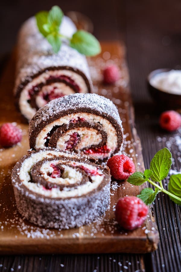 Chocolate Roll Cake with Coconut and Raspberry Filling Stock Photo ...