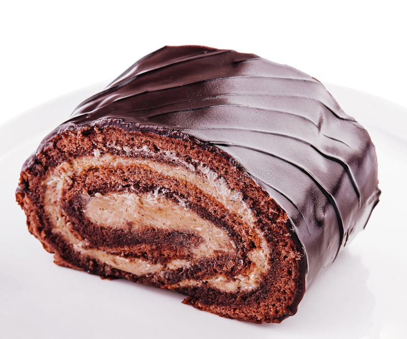 Chocolate Roll with Cream on a White Plate Stock Image - Image of ...