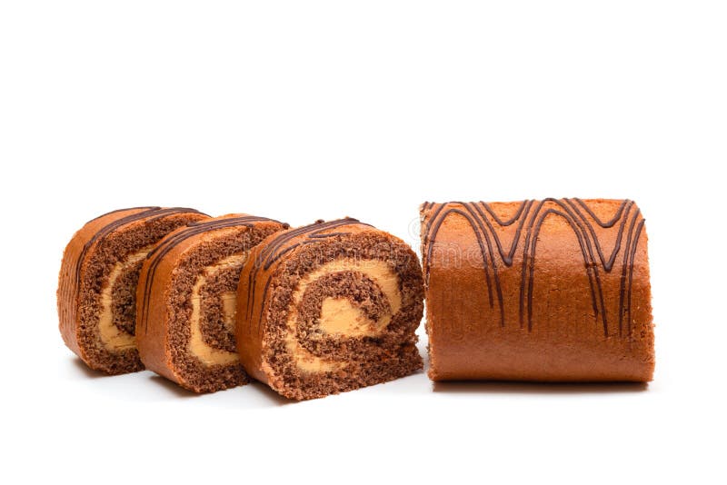 Chocolate Roll Sponge Cake with Chocolate Cream Isolated on White Stock ...