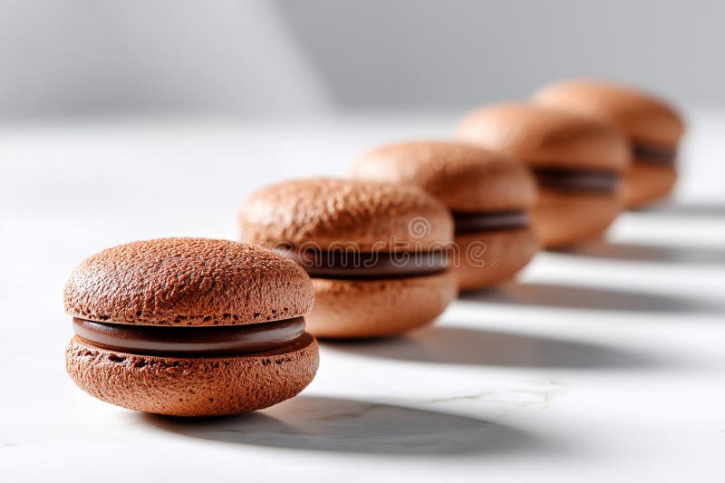 Chocolate Sandwich Cookies Arranged in a Line on Bright White Surface ...