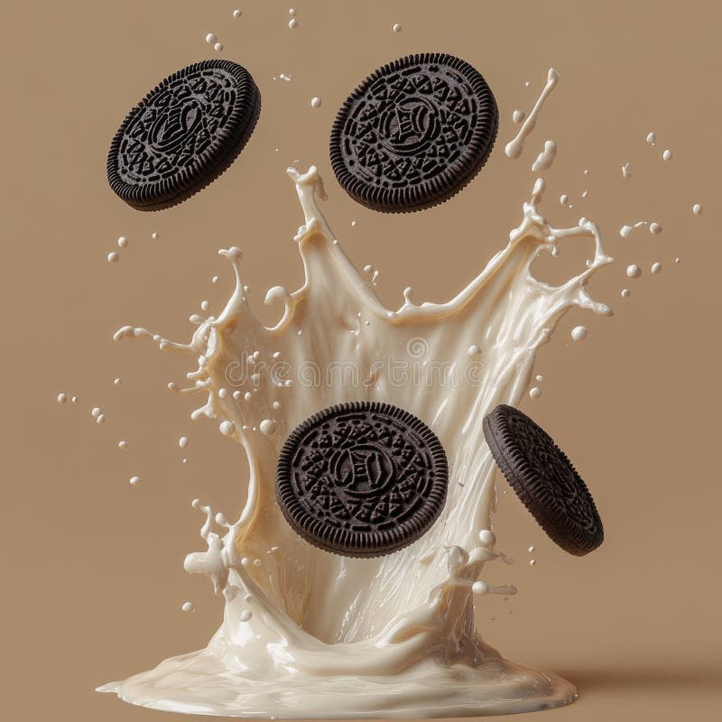 Chocolate Sandwich Cookies Tumbling into Splashing Milk Stock Photo ...
